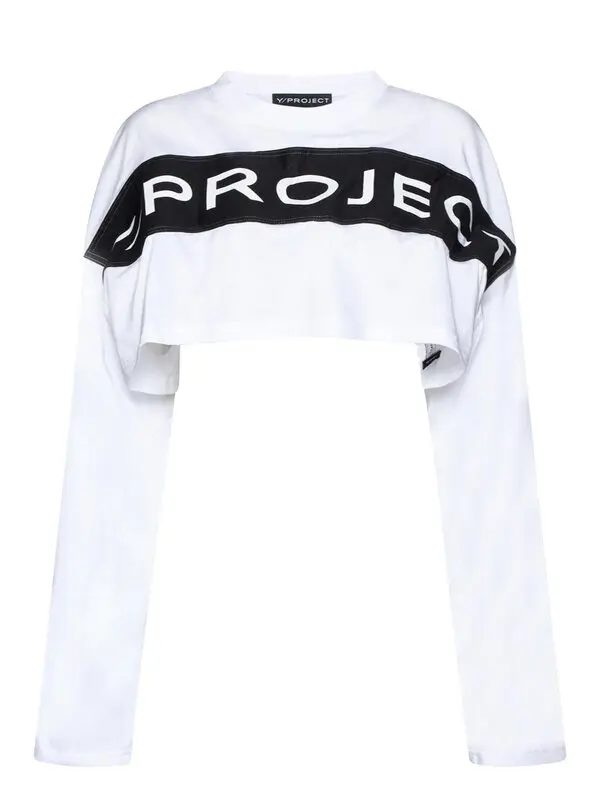 Y/project Logo Detailed Cropped Long Sleeve Top - White