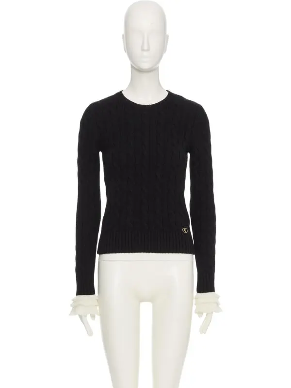 Valentino Garavani Crewneck Long Sleeve Jumper With Ruffle Cuffs - Black