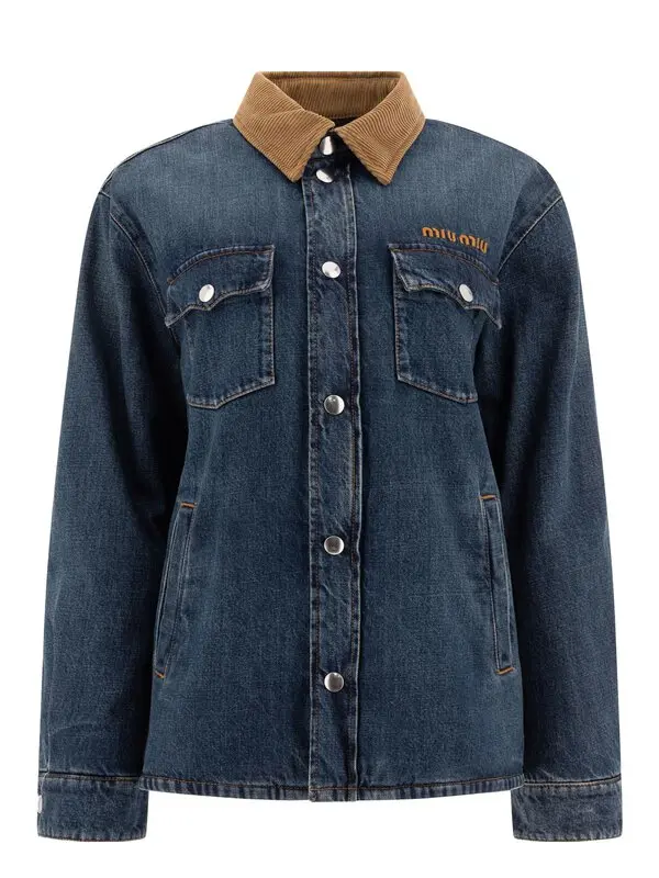 Miu Miu Denim Down Jacket With Logo Detail - Blue