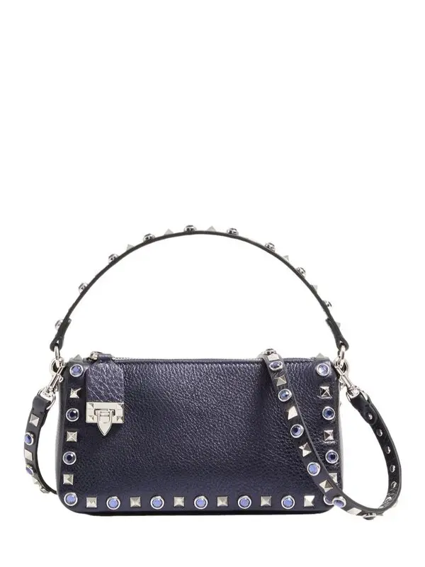 Valentino Garavani Rockstud Small Shoulder Bag In Laminated Calfskin With Cabochon Stones - Black