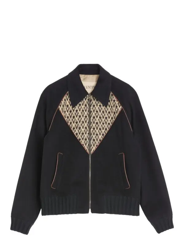 Valentino Garavani Wool And Cashmere Drap Bomber Jacket With V Inlaid Jacquard - Black
