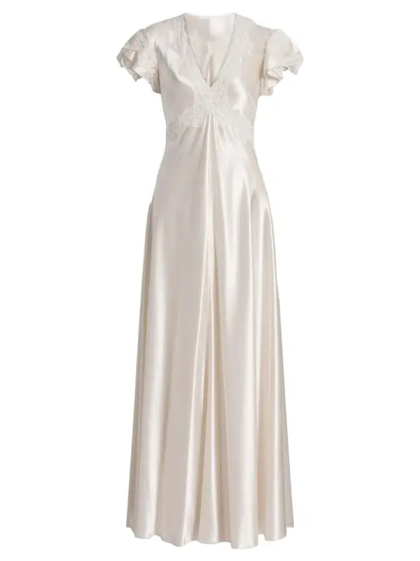 Alberta Ferretti Lace Trimmed Satin Maxi Dress - Ivory