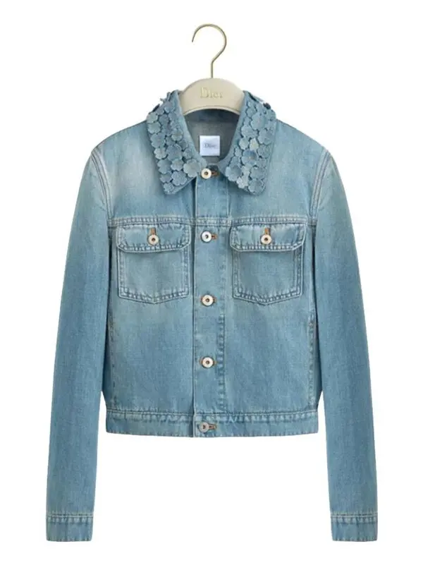 Dior Cropped Jacket With Embroidered Collar - Blue