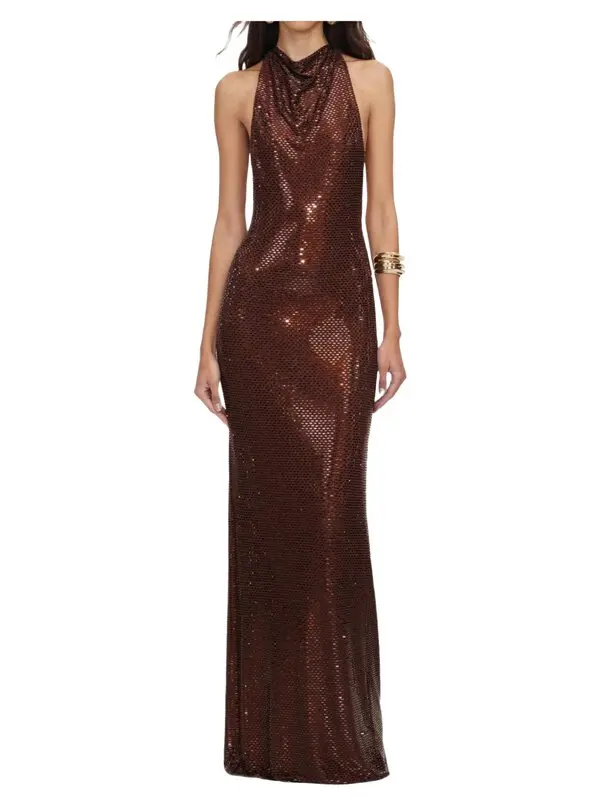 SELF-PORTRAIT Rhinestone Racerback Maxi Dress - Brown
