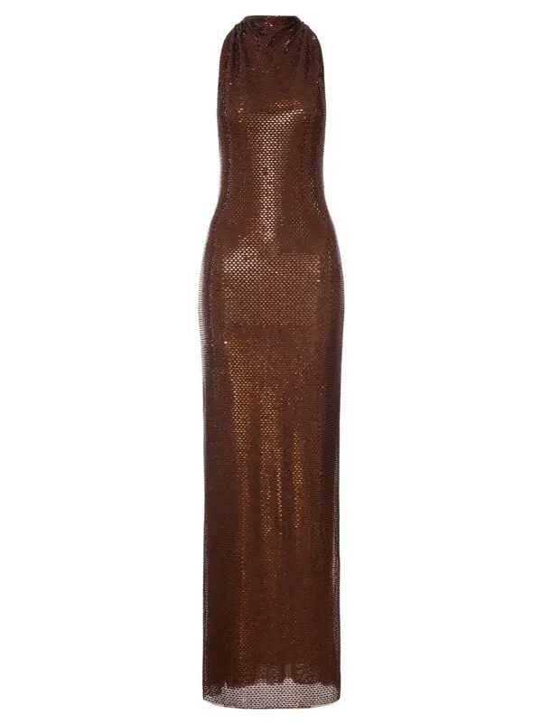 SELF-PORTRAIT Sequined Cowl Neck Maxi Dress - Brown