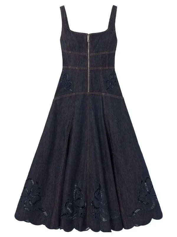 SELF-PORTRAIT Broderie Anglaise Flared Hem Midi Dress - Indigo