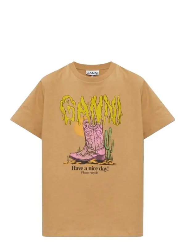 GANNI Graphic Print Cotton T-shirt - Beige