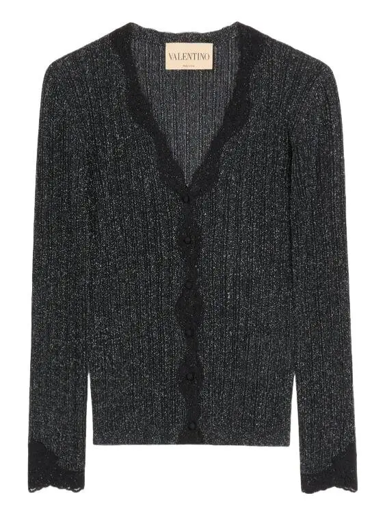 Valentino Garavani Lurex Knit Cardigan With Lace Trim - Black