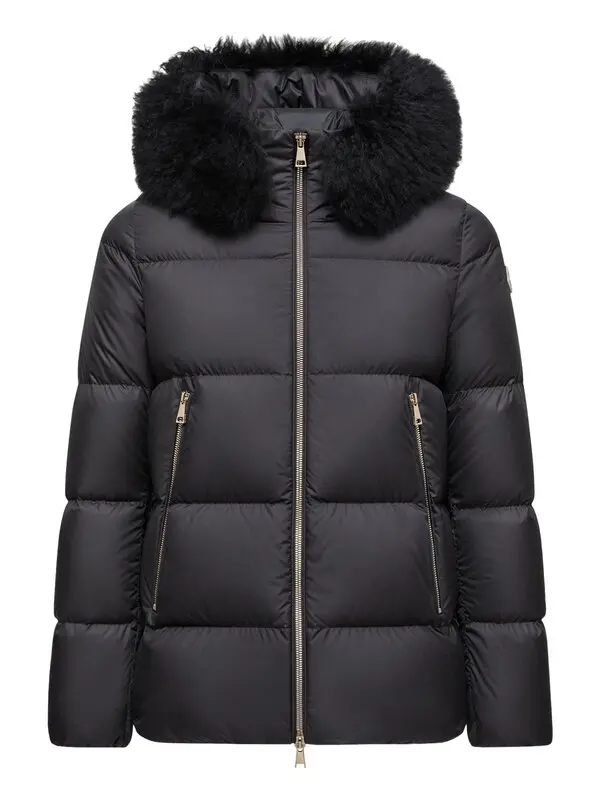 Moncler Laiche Fur Hooded Shearling-trimmed Short Down Jacket - Black