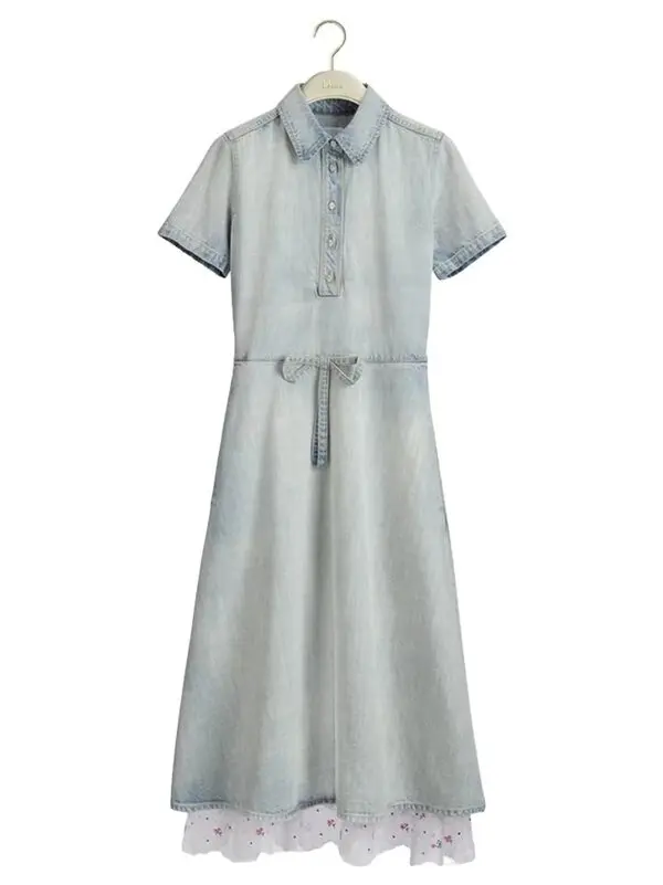 Dior Short-sleeved Denim Dress With Bow Detail - Gray