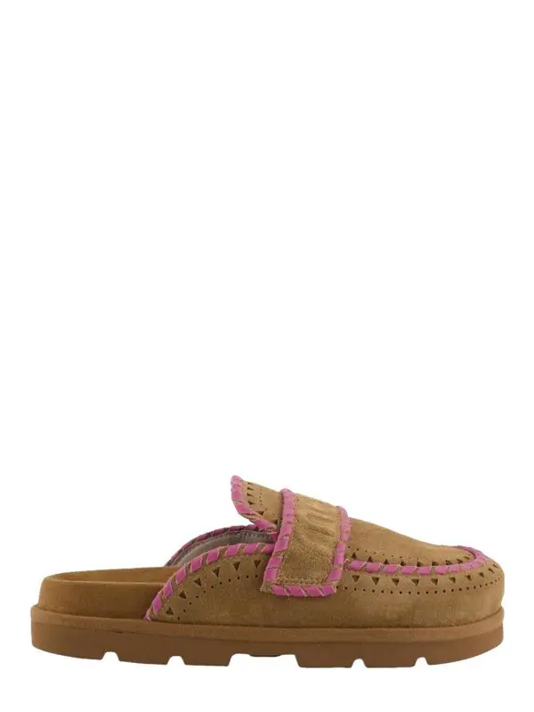 Mou Low Bio Sabot Leather Mules With Contrast Stitching - Cognac/retro Gold Buckle