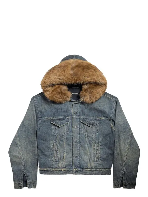 Balenciaga Fur Hooded Denim Jacket - Blue