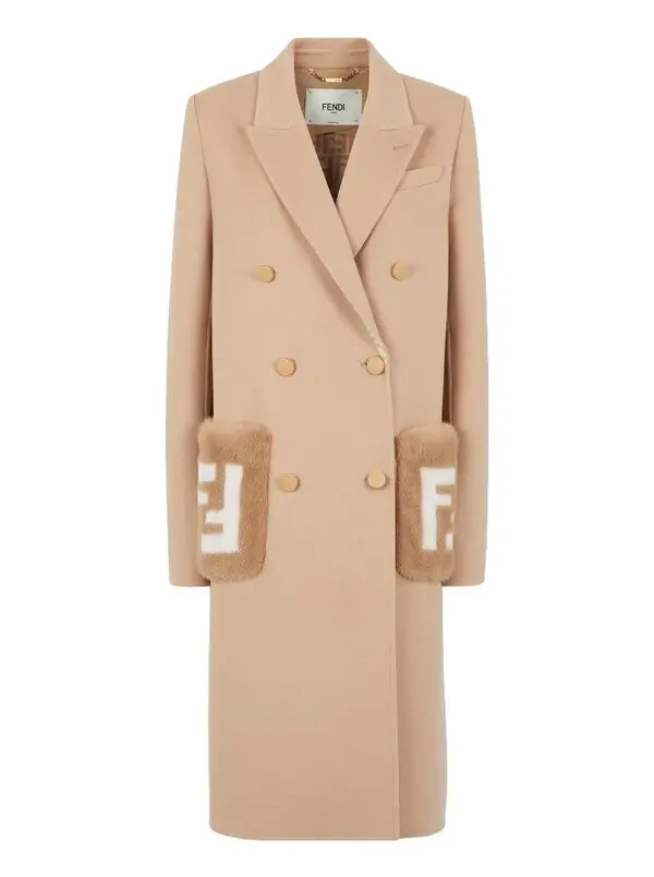 Fendi Double-breasted Long Coat With Mink Fur Pockets - Nude