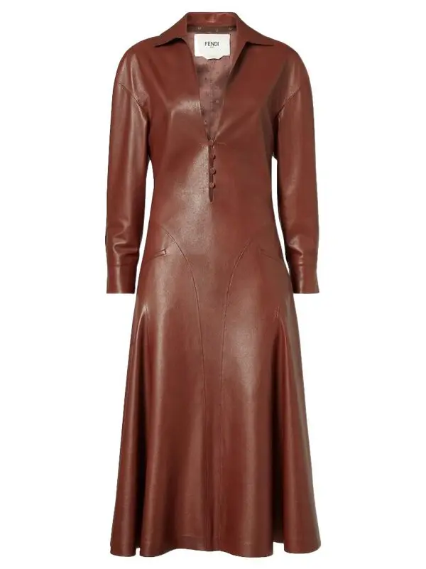 Fendi Midi Leather Dress With V-neck - Brown