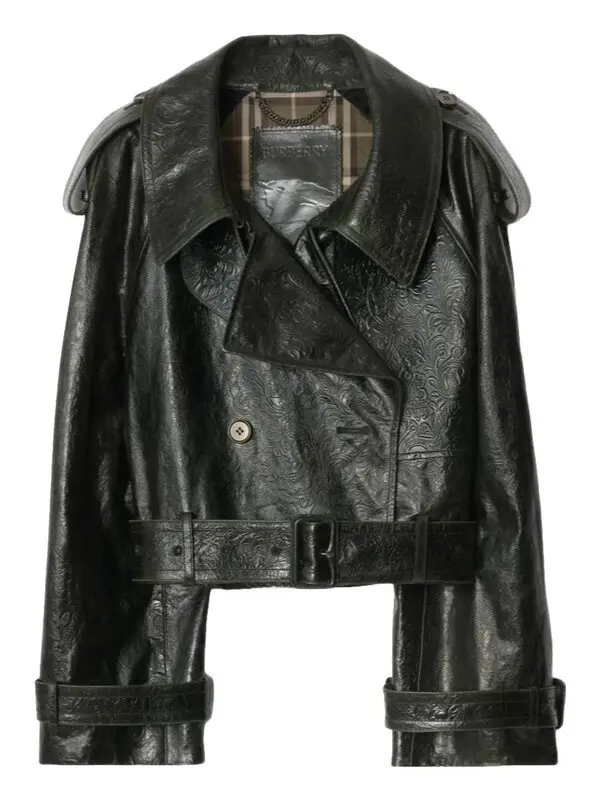 Burberry Cropped Embossed Leather Trench Jacket - Moat Green