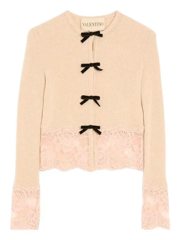Valentino Garavani Ribbed Cardigan With Lace Trim And Bow Detail - No