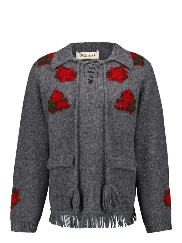 BAZISZT Basziszt Graphite Alpaca Knit Sweater With Floral Embroidery And Fringe - Blue