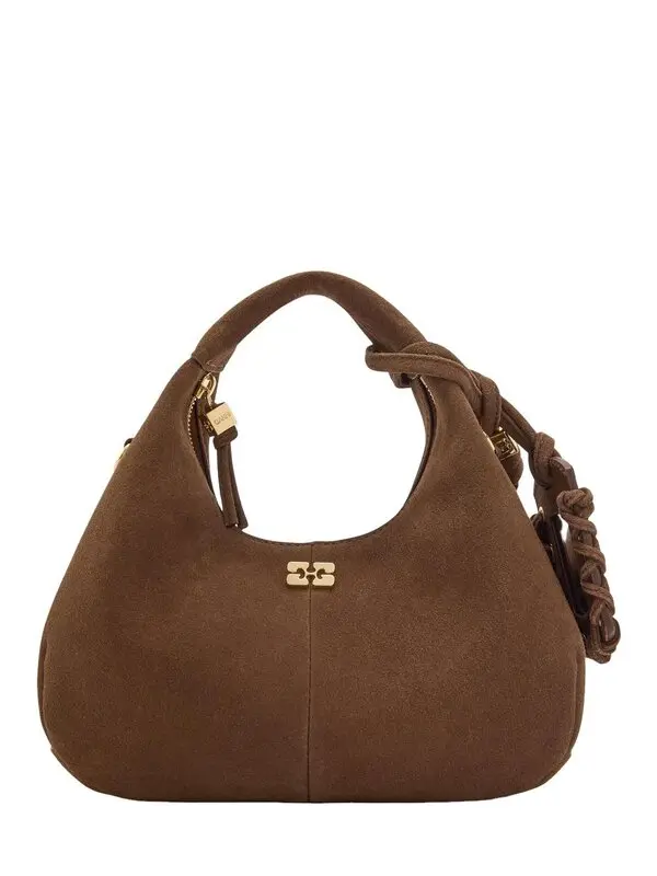 GANNI Mini Suede Hobo Bag With Logo Detail - Brown