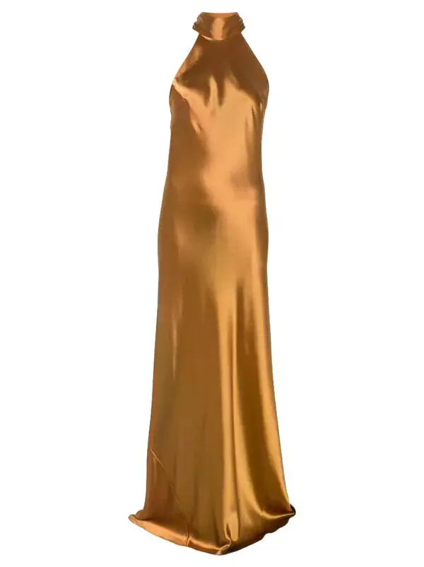 Galvan Sienna Satin Halterneck Gown - Brown
