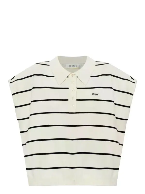 GESTUZ Striped Short-sleeve Polo Top - White