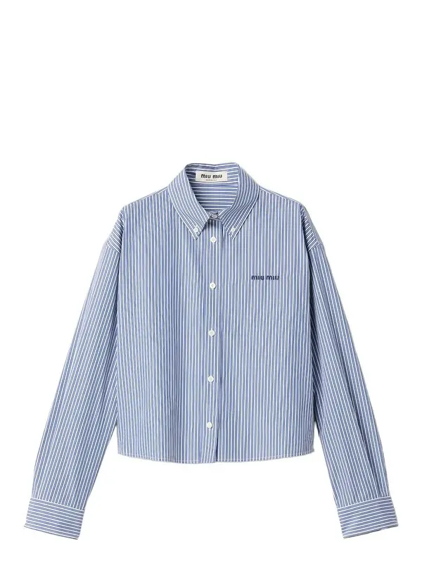 Miu Miu Micro Pinstripe Poplin Shirt With Embroidered Logo - White/cobalt Blue