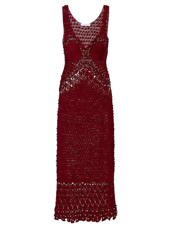 Rabanne Embellished Crochet Cotton Midi Dress - Burgundy