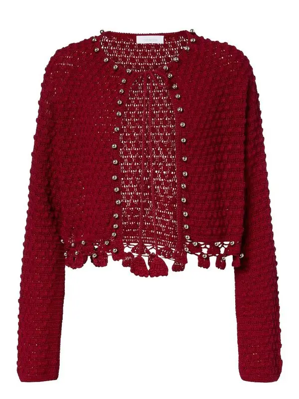 Rabanne Studded Crochet Cotton Cardigan - Red