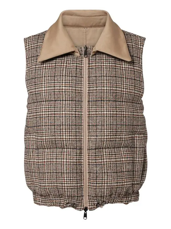 Brunello Cucinelli Checked Leather-trimmed Down Vest - Beige