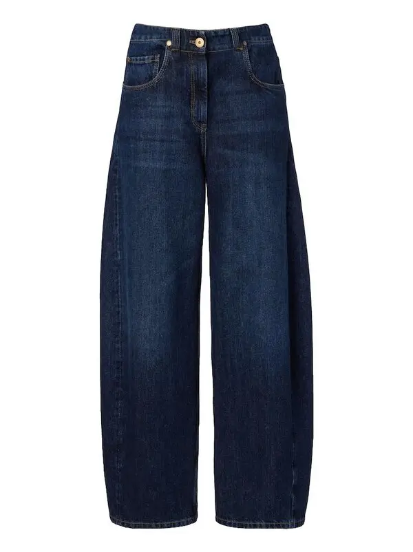 Brunello Cucinelli Barrel Leg Jeans With Leather Trim - Blue