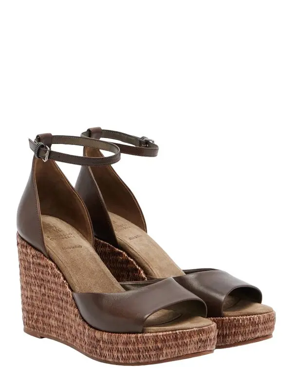 Brunello Cucinelli Monili Leather Espadrille Wedges - Brown