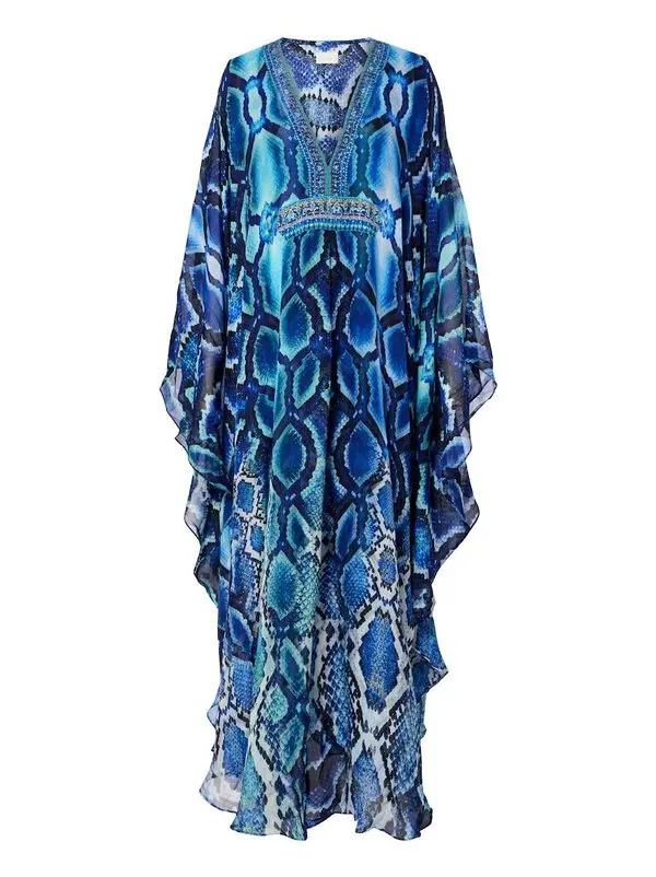 Camilla Embellished Printed Silk Kaftan - Blue