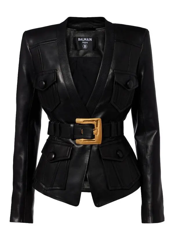 Balmain Belted Leather Jacket - Black