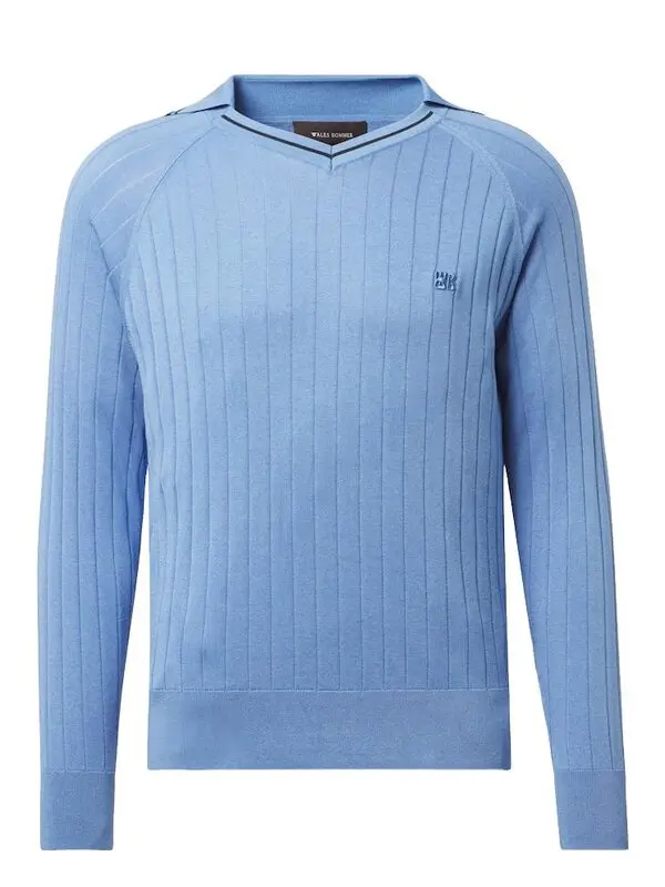 WALES BONNER Roots" V-neck Ribbed Polo Sweater In Atlantic - Blue