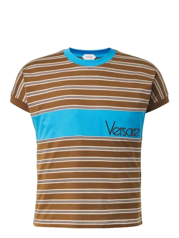 Versace Logo Striped Cotton T-shirt - Brown