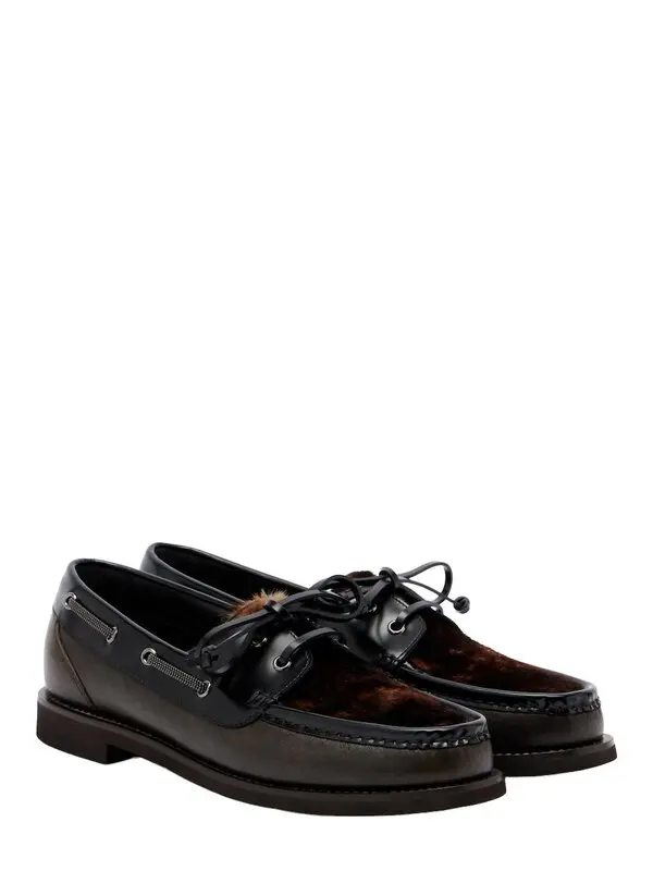 Brunello Cucinelli Monili Calf Hair-trimmed Leather Boat Shoes - Brown