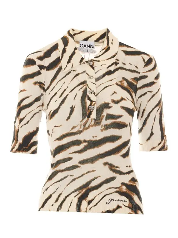 GANNI Zebra Print Short Sleeve Polo Shirt - Cream