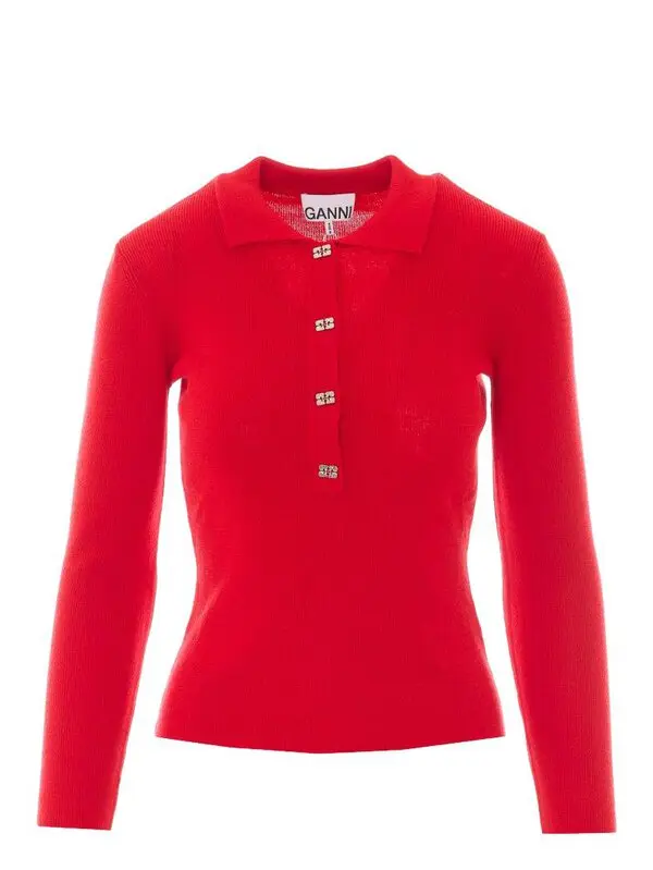GANNI Long-sleeve Merino Polo Shirt - Red
