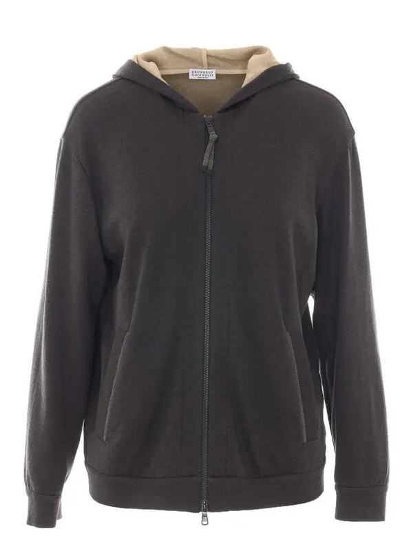 Brunello Cucinelli Cotton And Silk Interlock Hooded Top With Zipper Pull - Gray