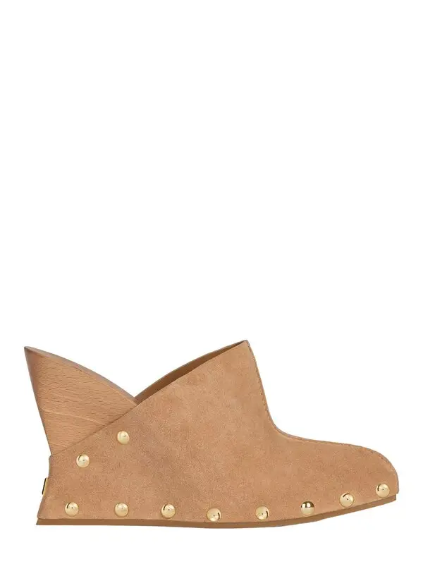 Balmain Wedge Clogs In Suede And Wood With Gold Studs - Beige