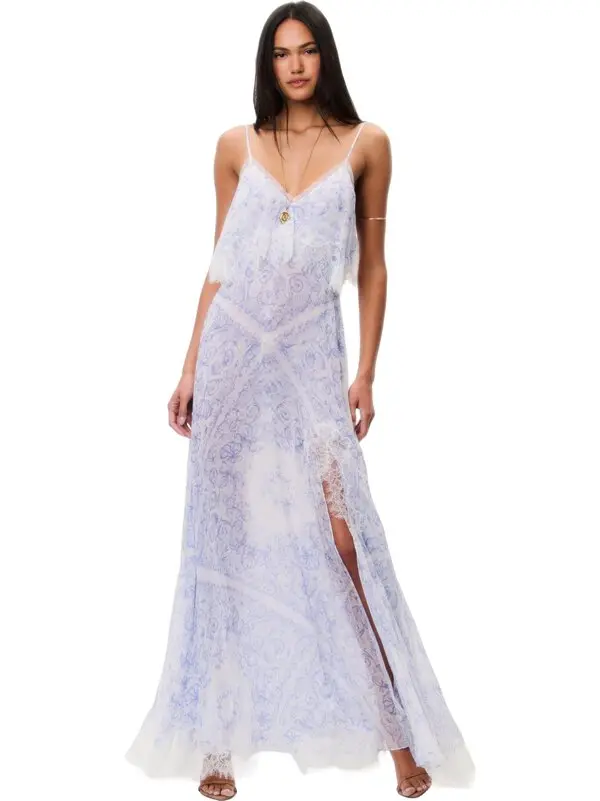 LoveShackFancy Stelline Sheer Silk Maxi Dress With Lace Trim - Indigo Shores