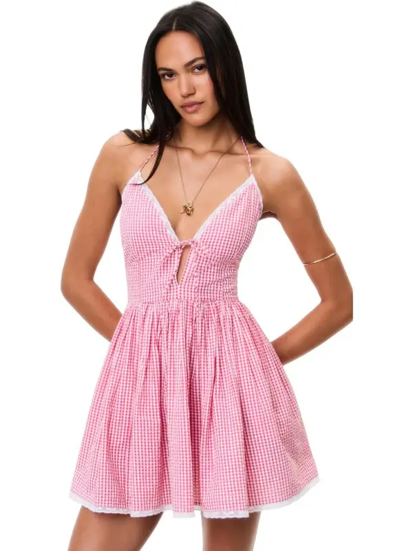 LoveShackFancy Khloe Cotton Gingham Halterneck Mini Dress - Berry Bramble