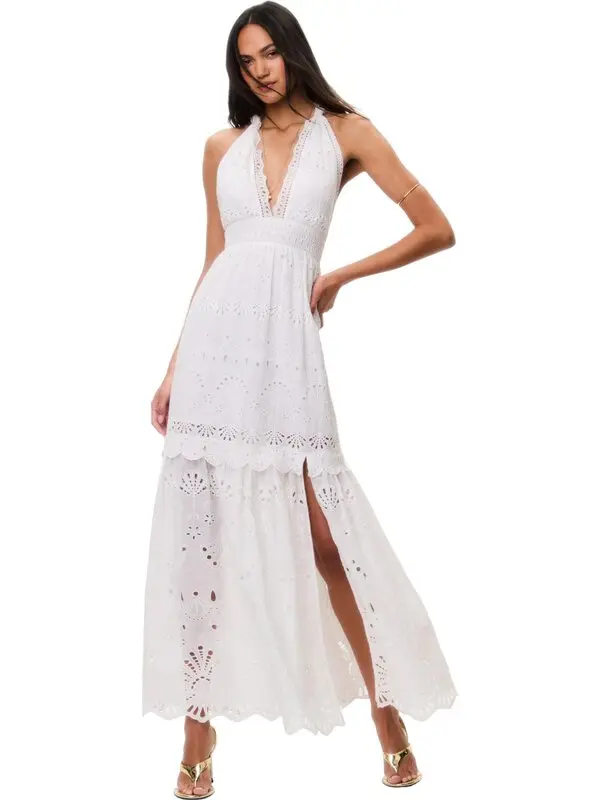 LoveShackFancy Trix Eyelet Halter Maxi Dress - Optic White