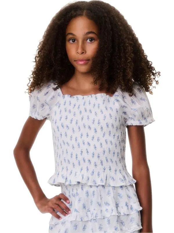 LoveShackFancy Fabielle Top With Puff Sleeves And Floral Print - Indigo Cloud