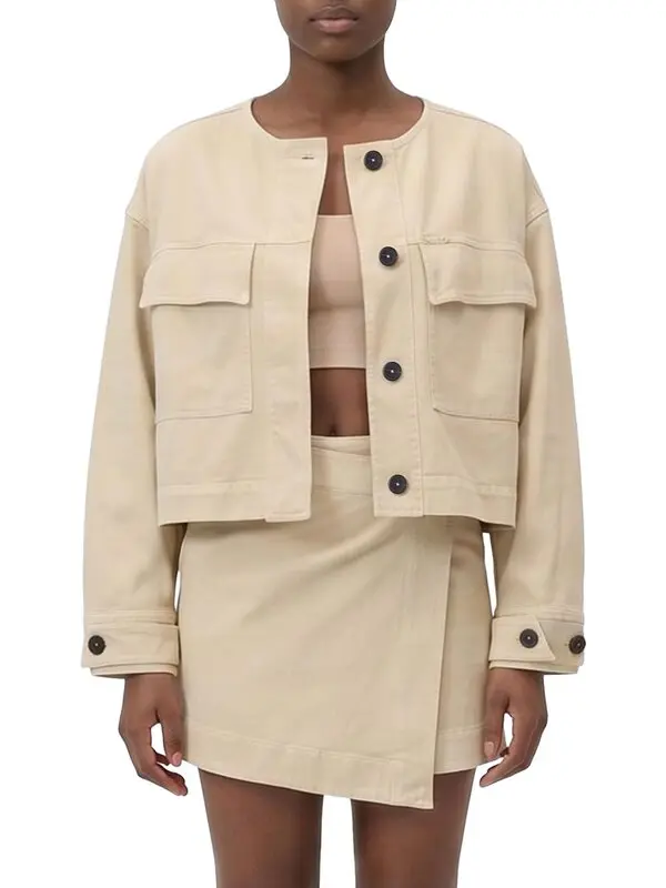Closed Button-detailed Band Collar Jacket - Beige