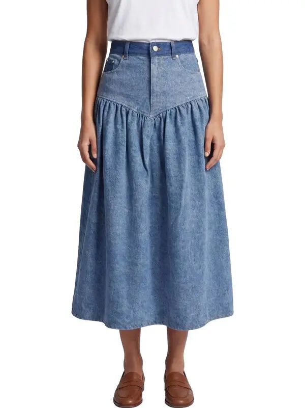 GANNI A-line Cotton Denim Midi Skirt - Blue