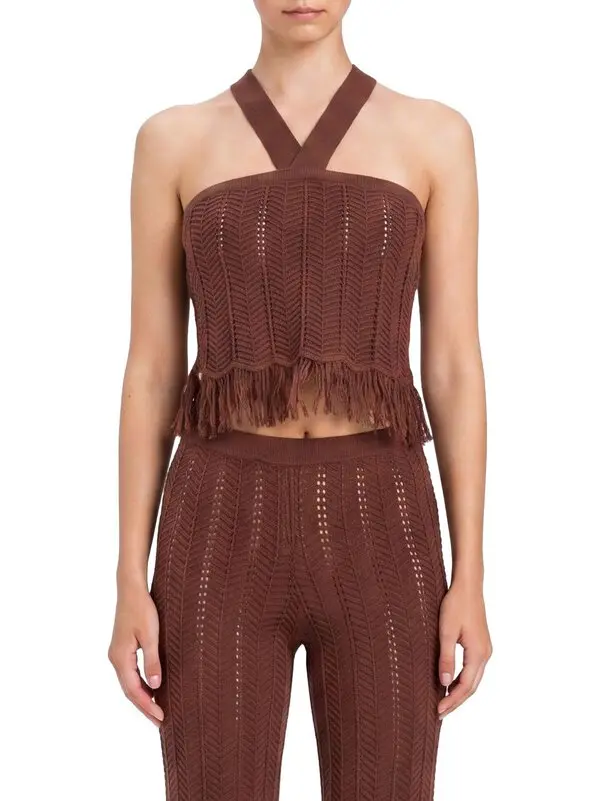 TWINSET Cropped Knit Top With Fringe Detail - Brown