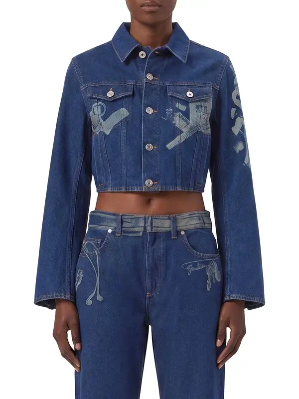 JEAN PAUL GAULTIER Cropped Abstract Print Denim Jacket - Blue
