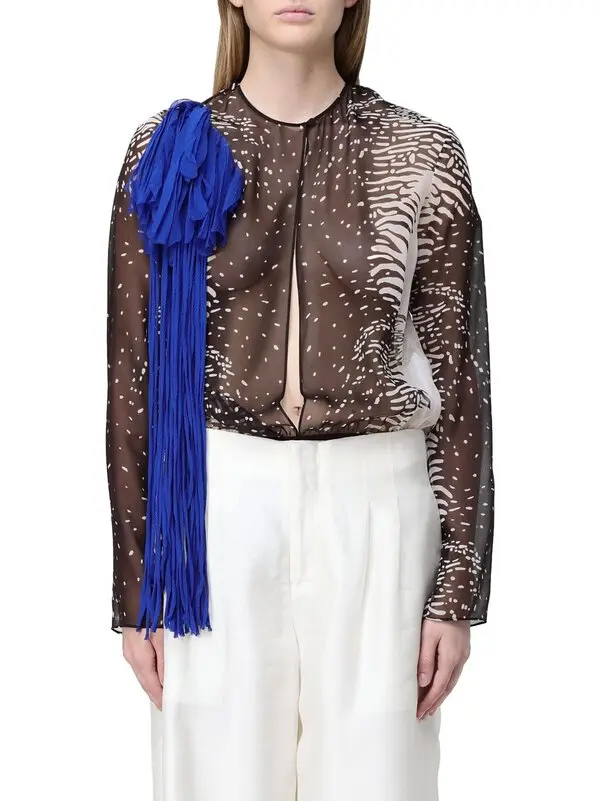 FERRAGAMO Printed Sheer Bodysuit With Embellishment - Gnawed Blue