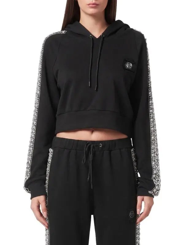 Philipp Plein Embellished Sleeve Cropped Hoodie - Black