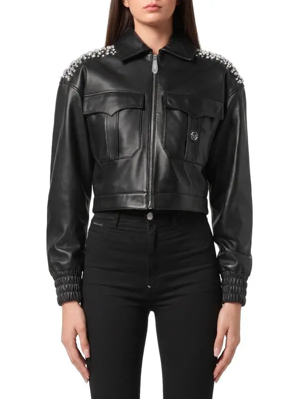 Philipp Plein Embellished Leather Jacket - Black